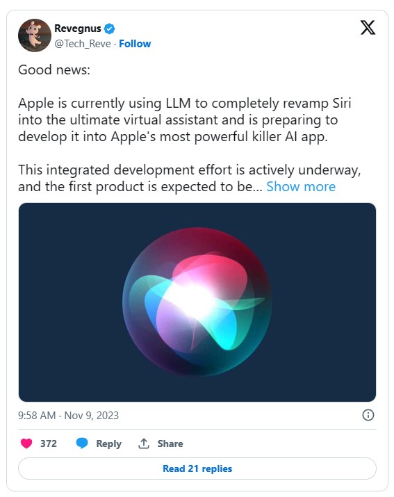 애플, 2024년 WWDC에서 AI 탑재된 새 Siri 공개 예정